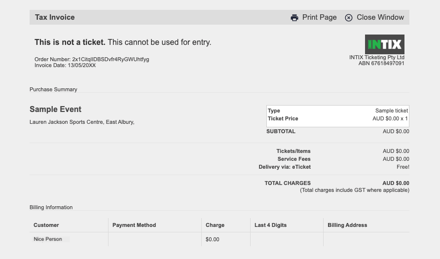 Tax invoice for ticket purchase